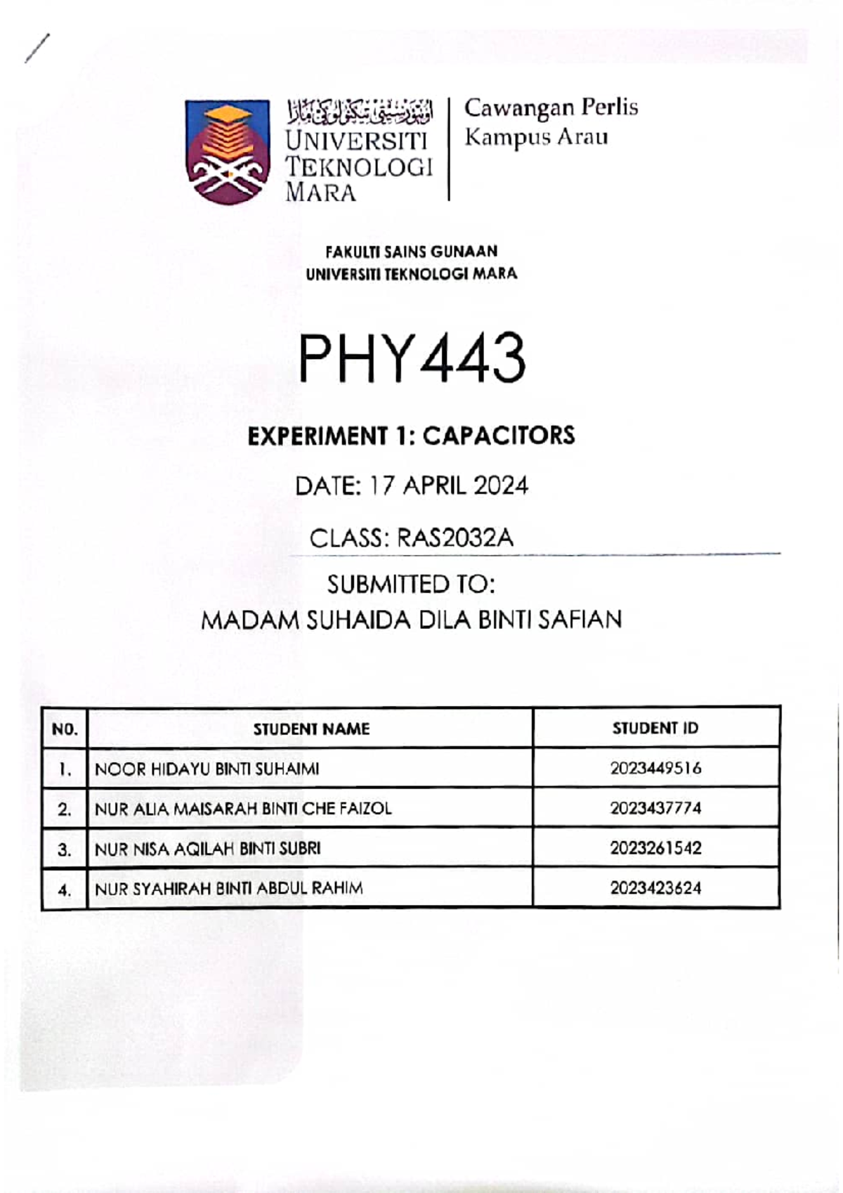 Lab Report for Experiment 1: Capacitor Study (UITM) - Studocu