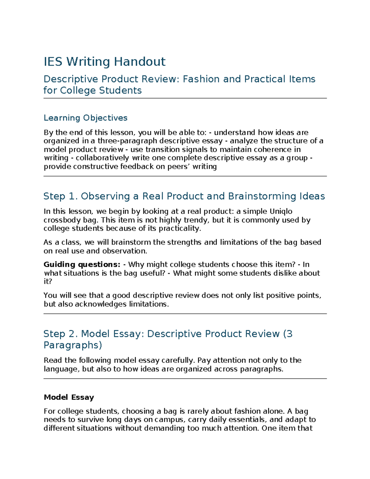 IES Writing Handout: Descriptive Product Review for College Bags - Studocu