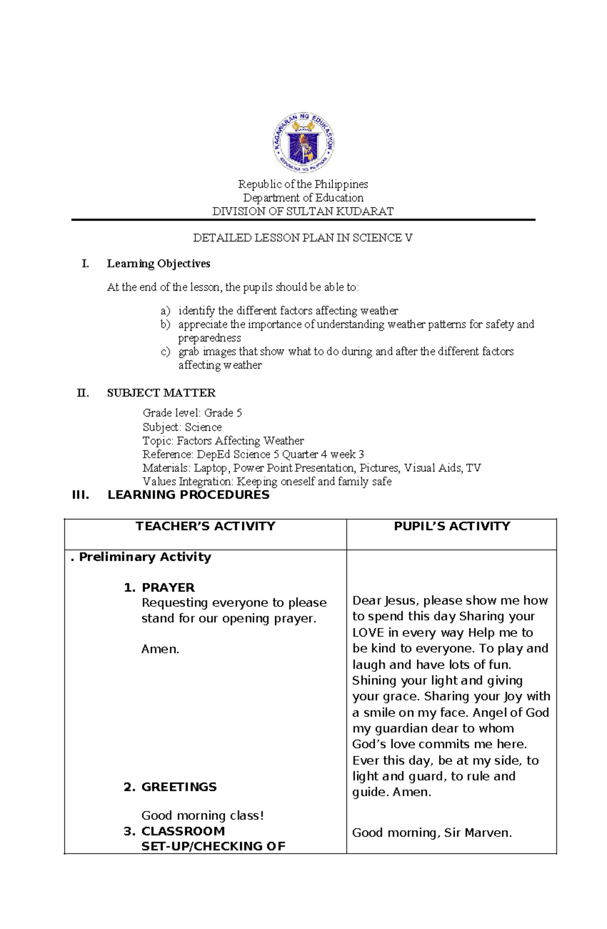 Detailed Lesson Plan in Science V: Factors Affecting Weather - Studocu