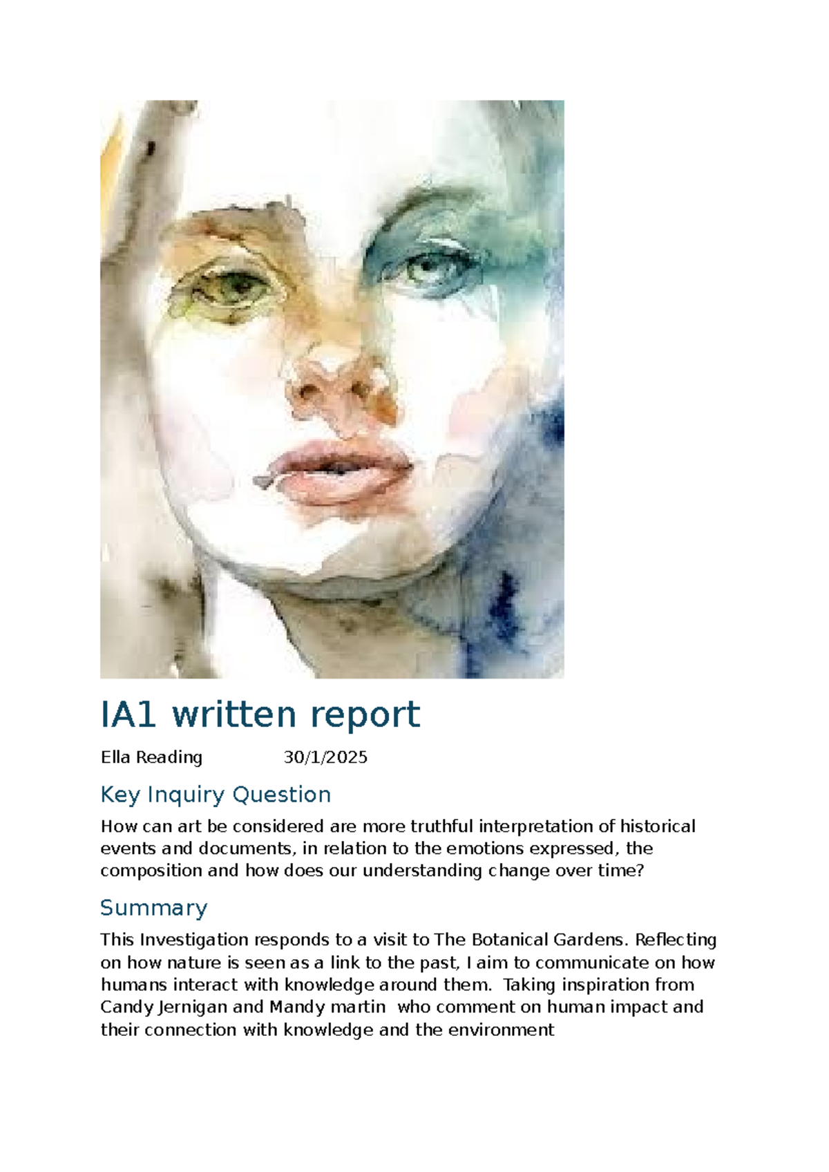 IA1 written report - art - IA1 written report Ella Reading 30/1/ Key ...