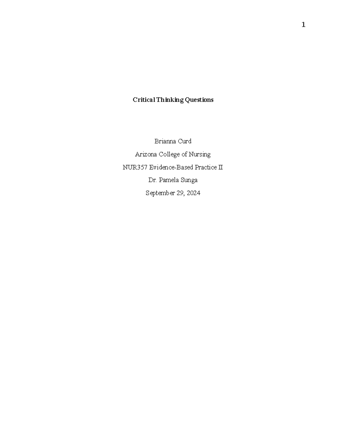 NUR357 Module 3 Critical Thinking Questions and Reflections - Studocu