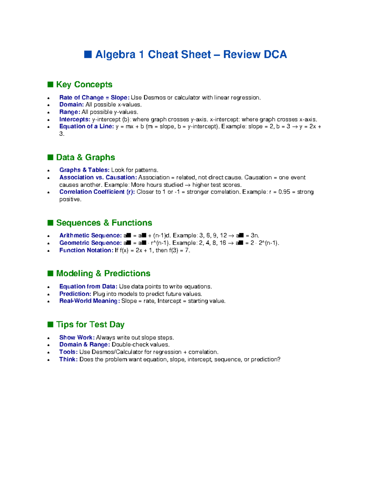 Algebra 1 DCA Cheat Sheet: Key Concepts & Tips for Success - Studocu