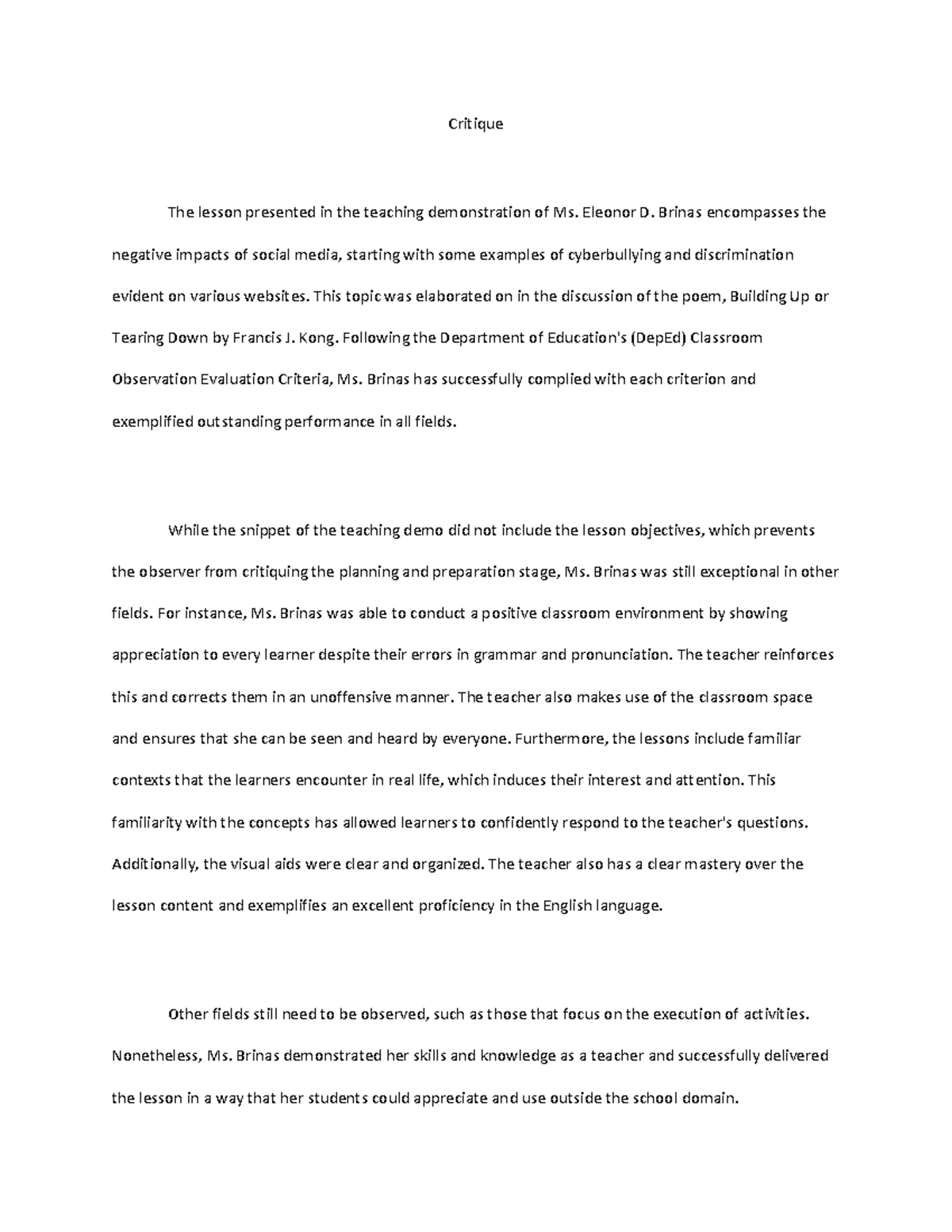 Teaching Demo Critique: Ms. Eleonor D. Brinas' Lesson Evaluation - Studocu