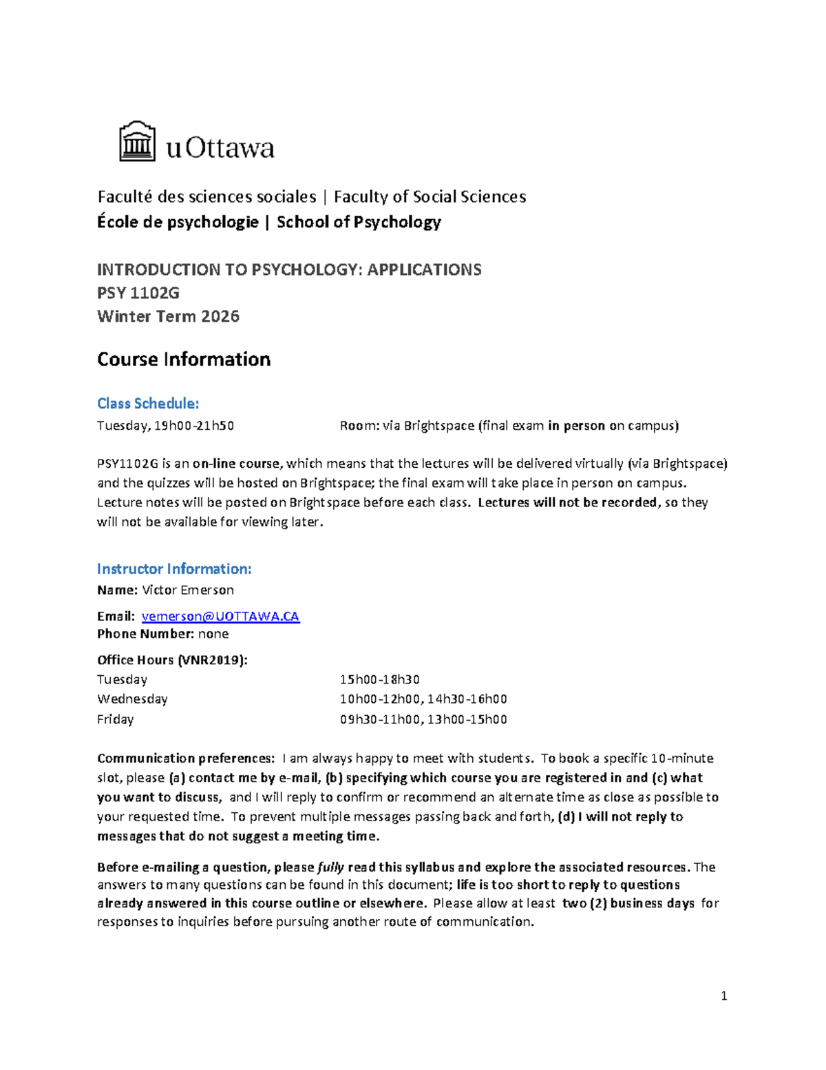 PSY 1102G Winter 2026: Introduction to Psychology Course Outline - Studocu