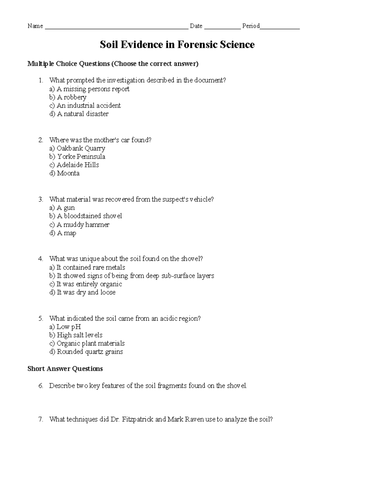 Soil Worksheet - Questions regarding soil as evidence in a crime ...