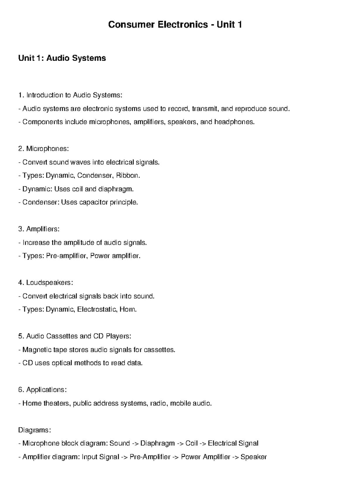 Consumer Electronics Unit 1: Introduction to Audio Systems - Studocu