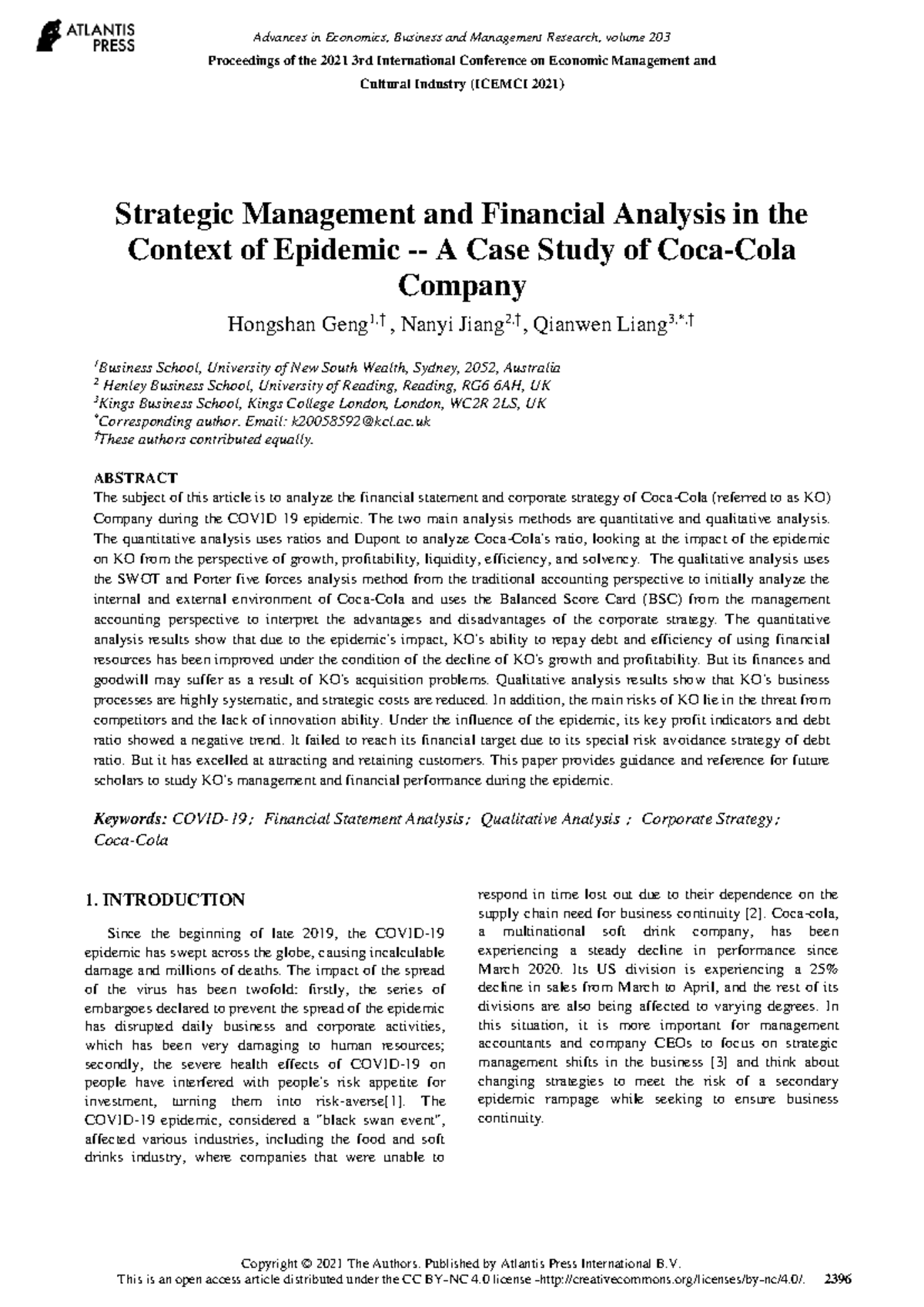 Coca-Cola Case Study: Strategic Management & Financial Analysis (ECON 203) - Studocu