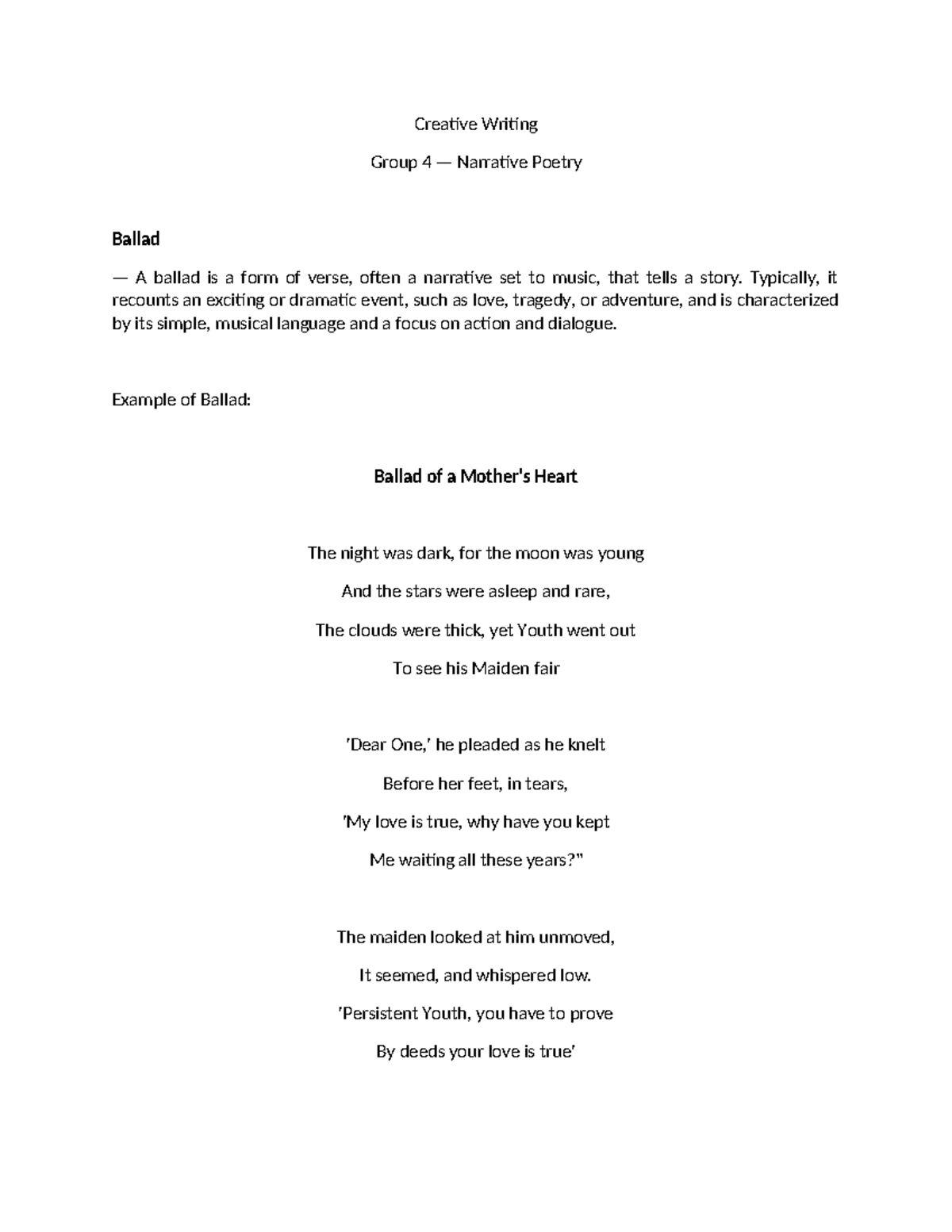 Creative Writing Group 4: Narrative Poetry & Ballads - Studocu