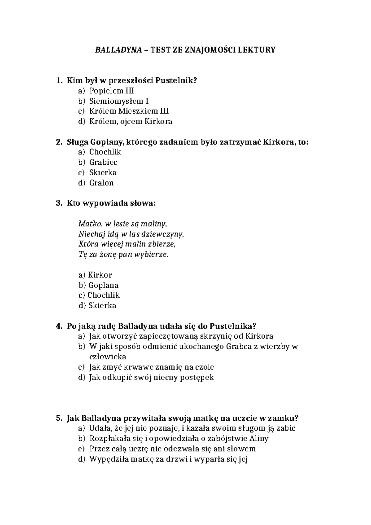 Test z lektury "Balladyna" - wiedza o postaciach i wydarzeniach - Studocu