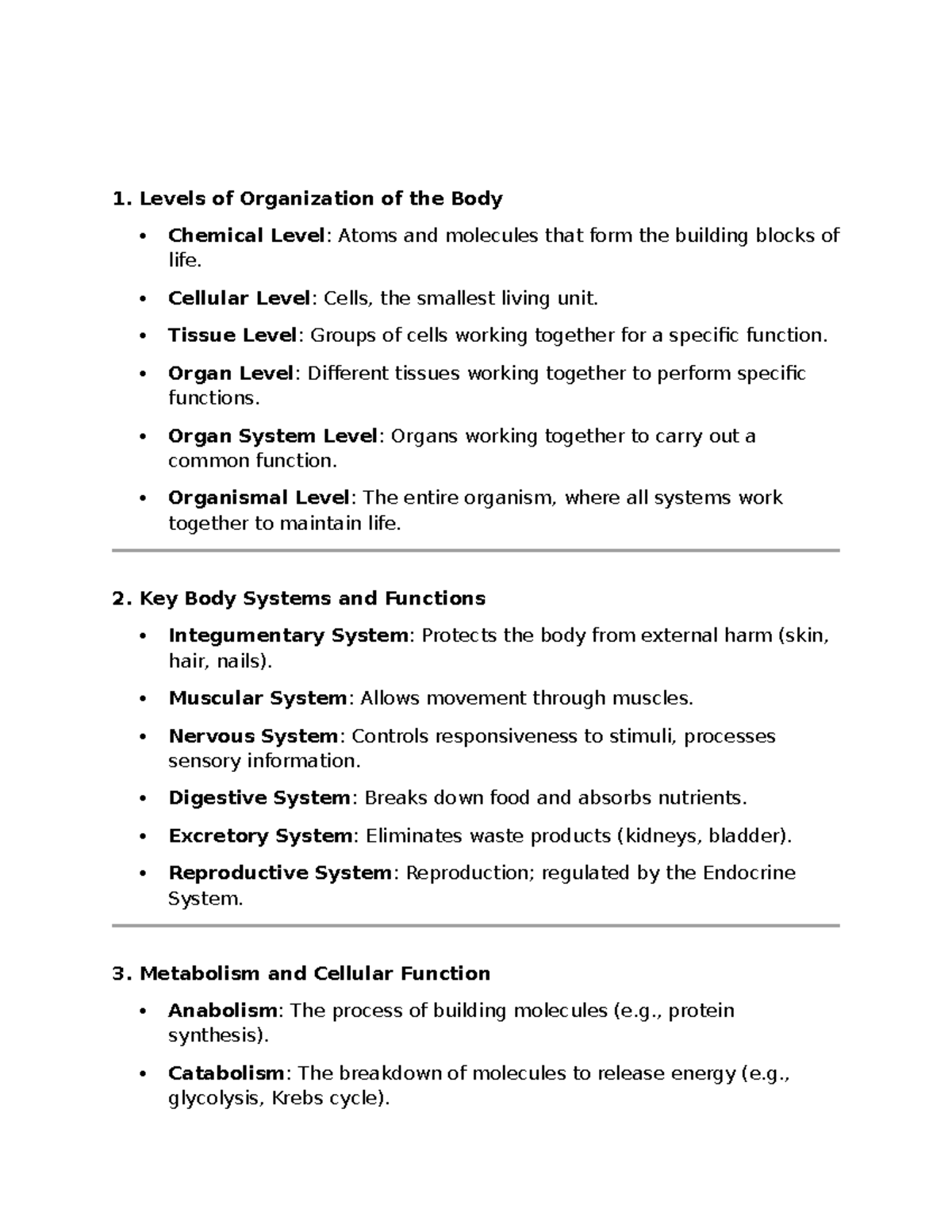 BIO101 - Levels of Organization and Body Systems Study Guide - Studocu
