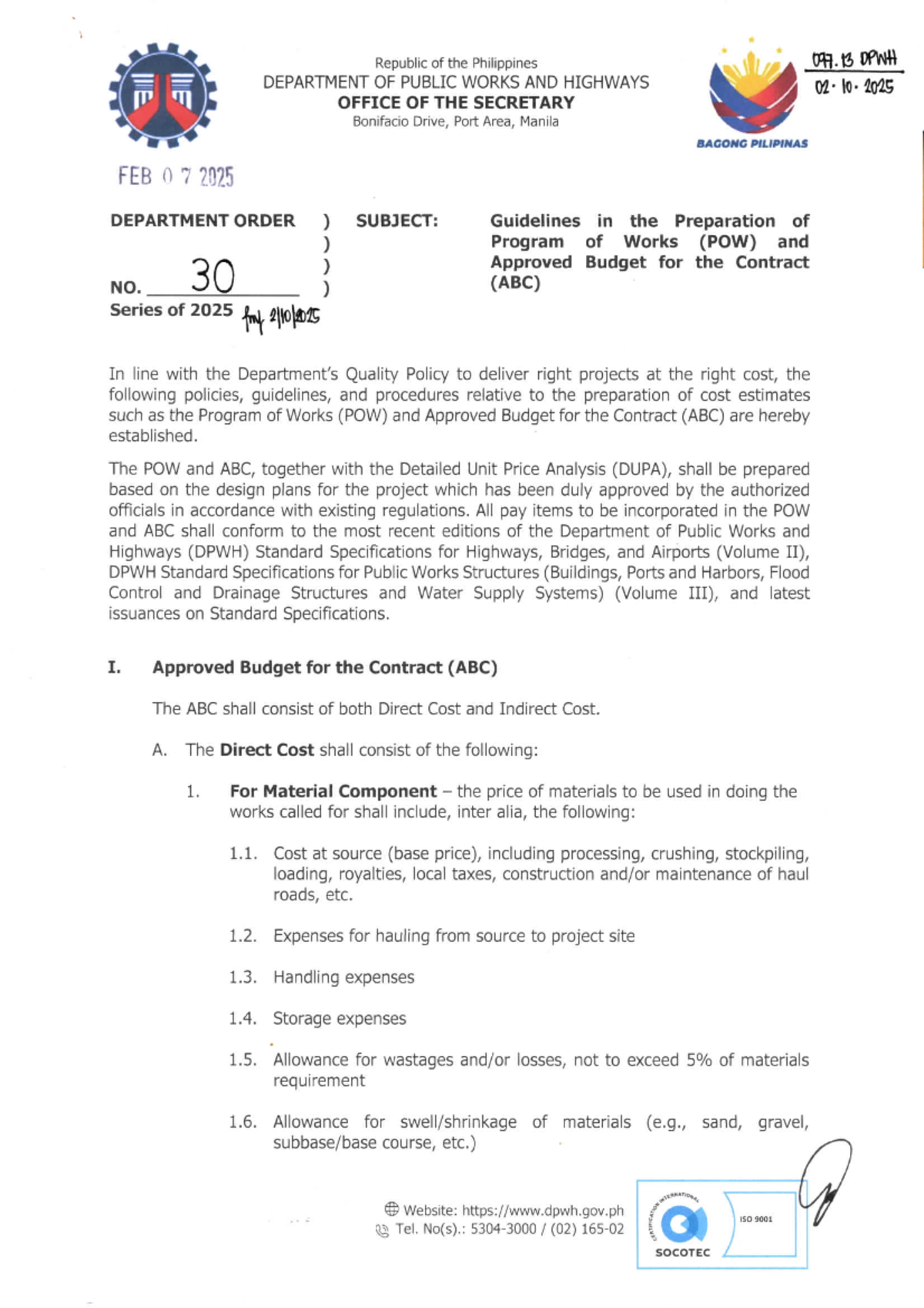 DO 030 s2025: Guidelines for Preparing Program of Works (POW) & ABC ...