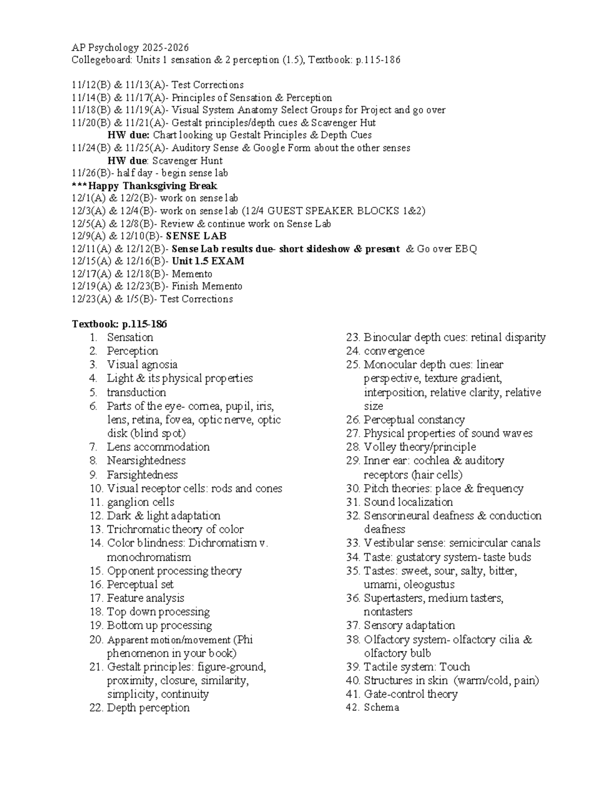 AP Psychology 2025-2026: Sensation & Perception Unit Overview - Studocu