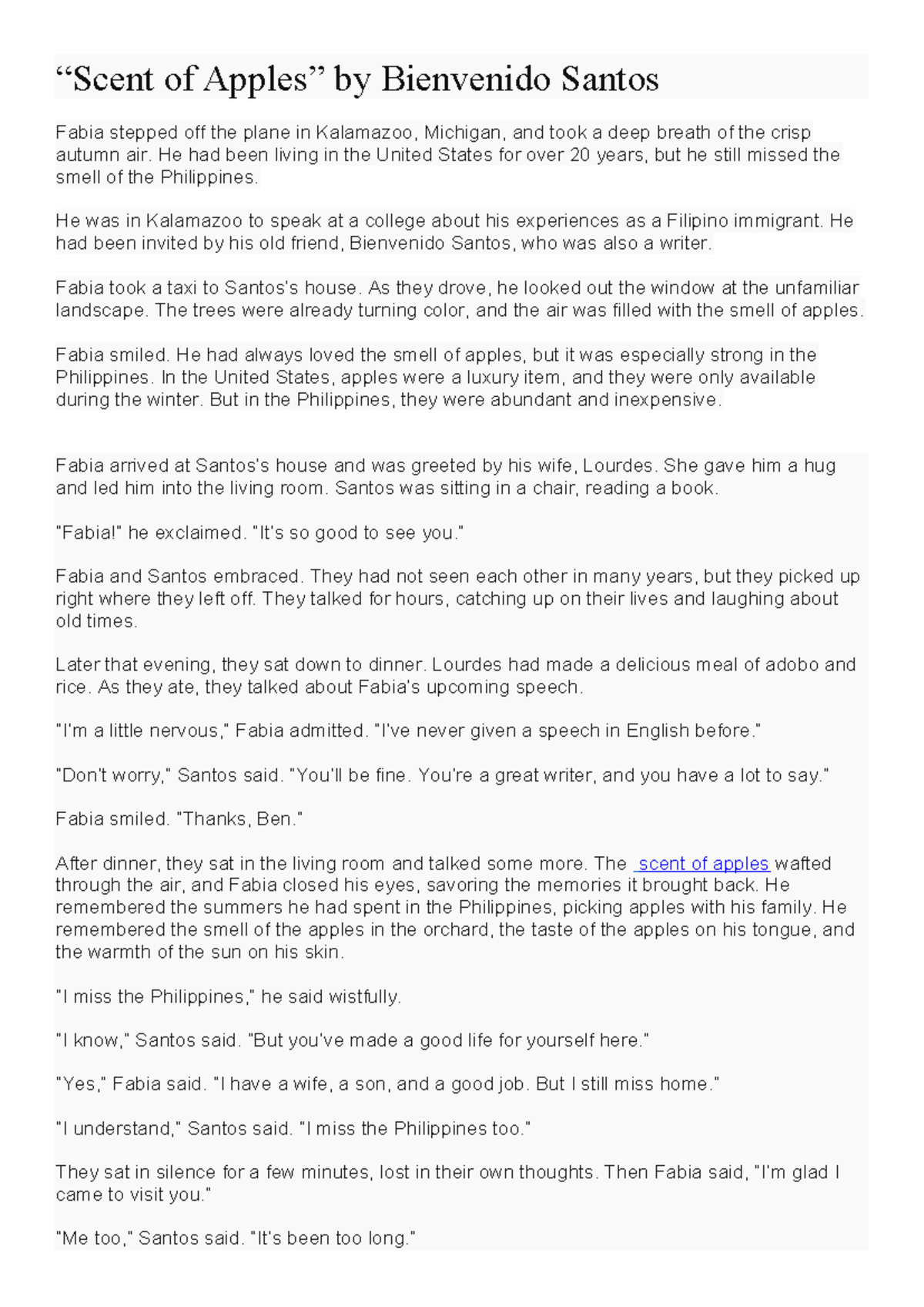 Scent of Apples - Summary of Bienvenido Santos' Story - Studocu
