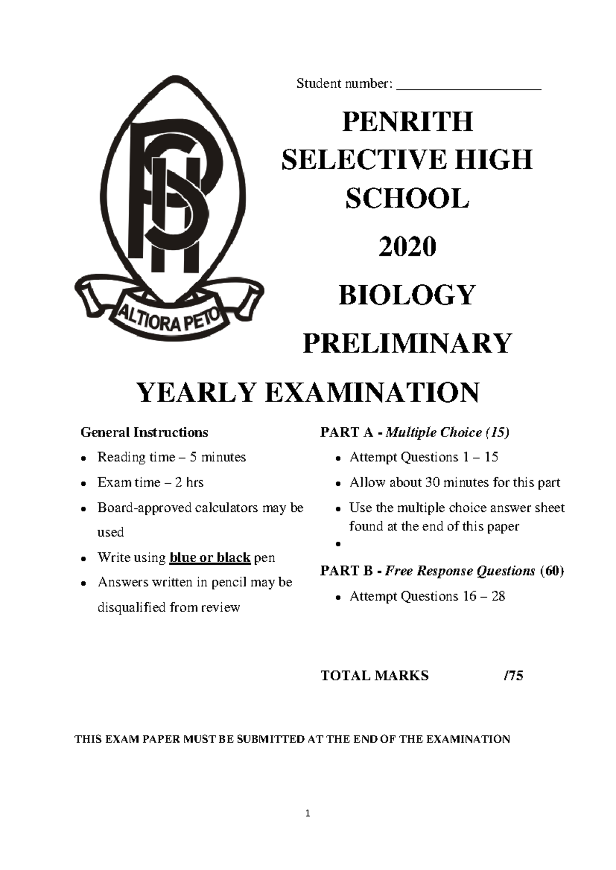 Copy of 2020 prelim bio yearly exam - Student number ...