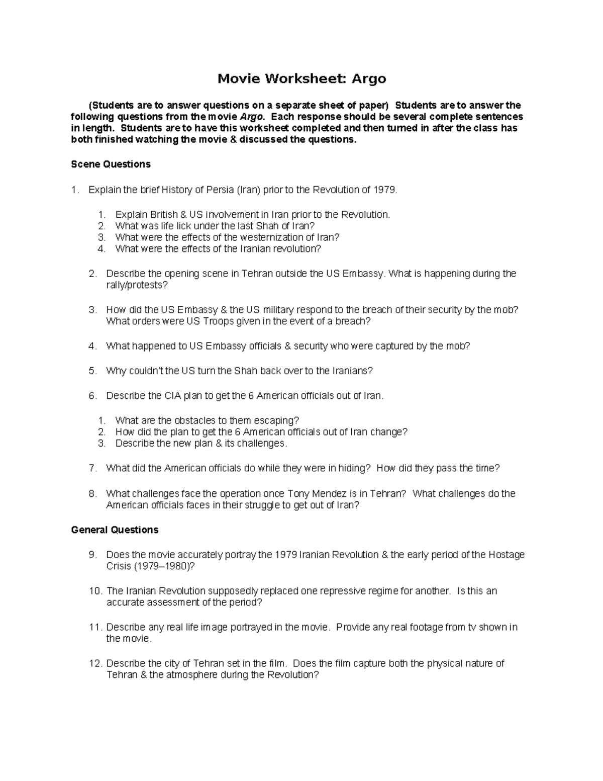 Argo (2012) Movie Worksheet: Questions & Analysis Guide - Studocu