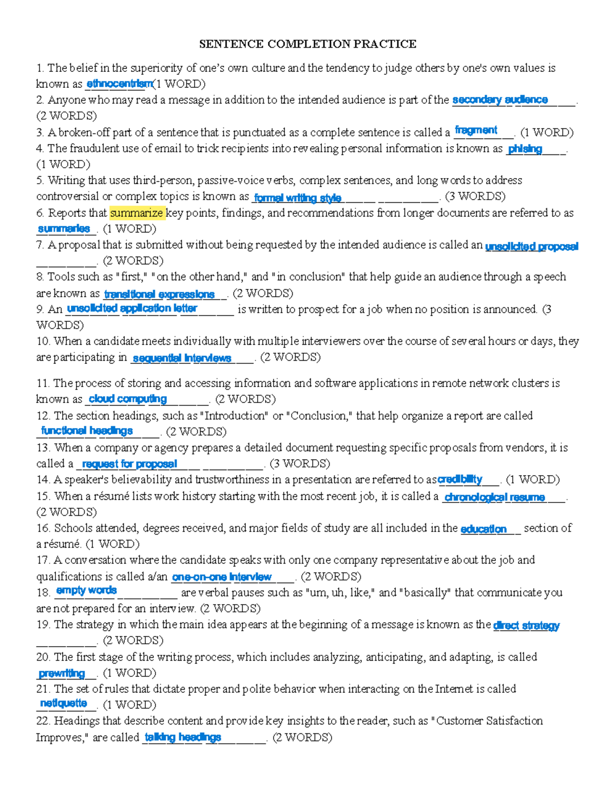 Sentence Completion Practice - ESP121 Final Exam Review - Studocu