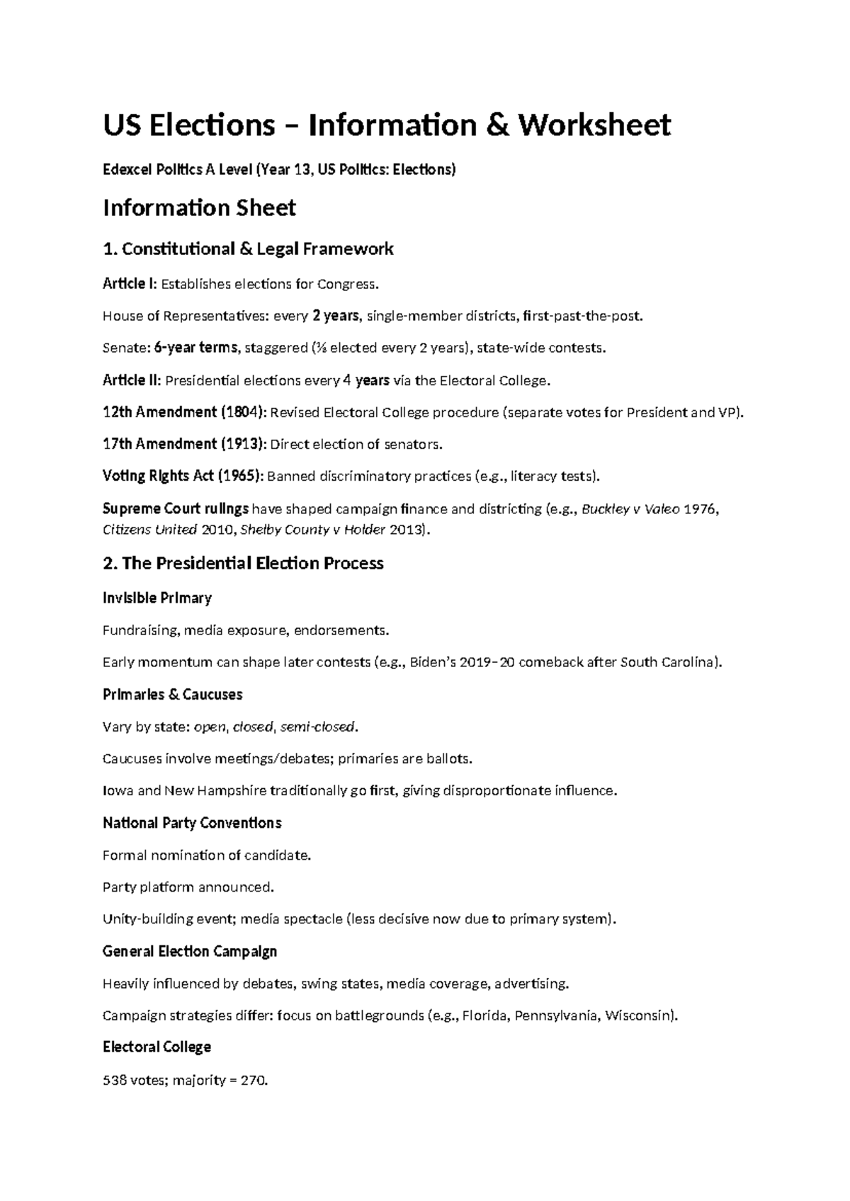 US Elections Overview Worksheet Edexcel Politics A Level (Year 13 ...