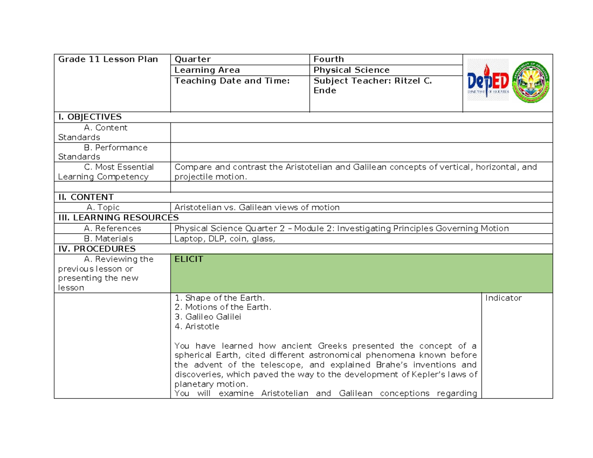 Grade 11 Physical Science Lesson Plan: Aristotelian vs. Galilean Motion ...