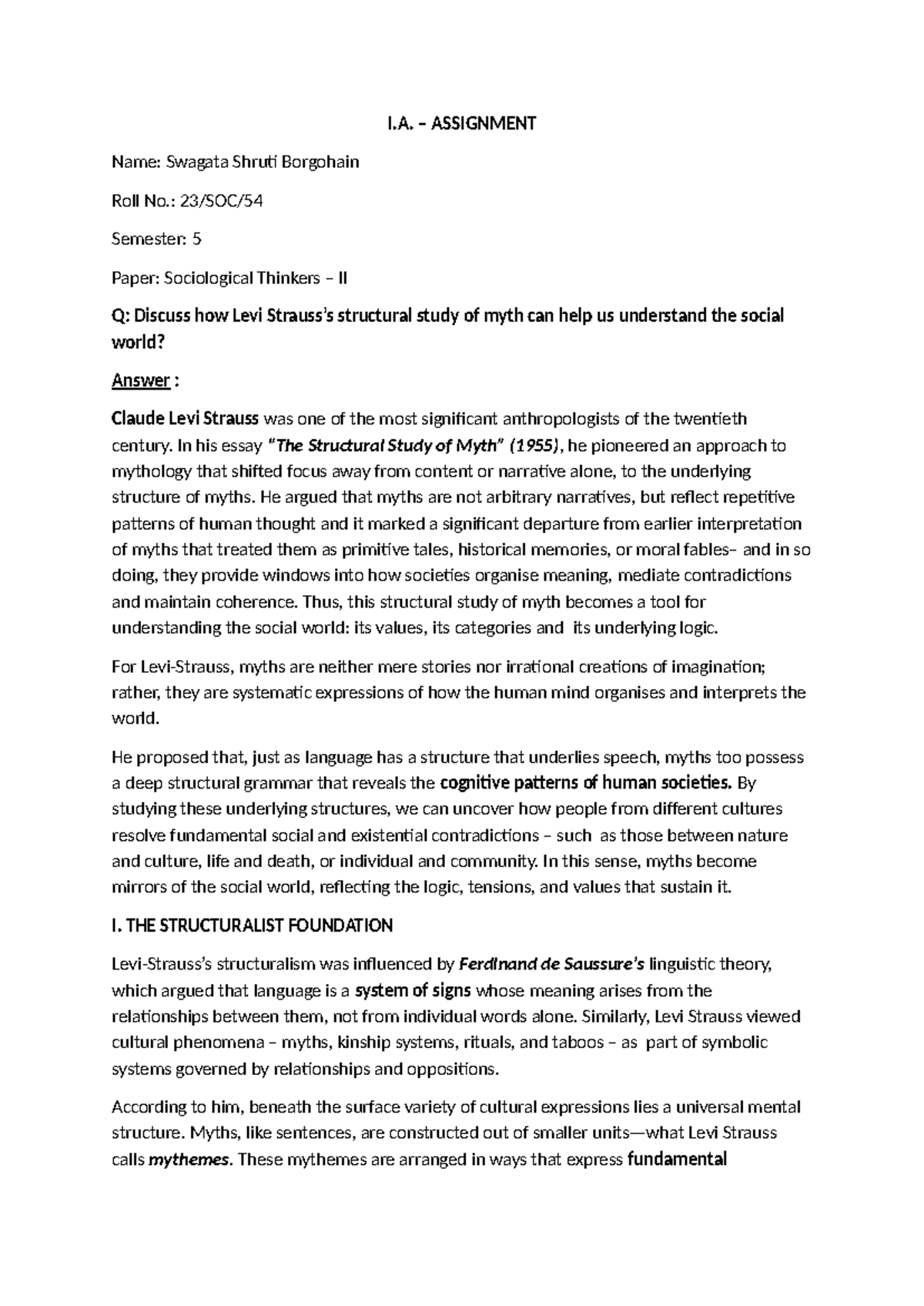 IA Assignment - Structural Study of Myth in Sociological Context - Studocu