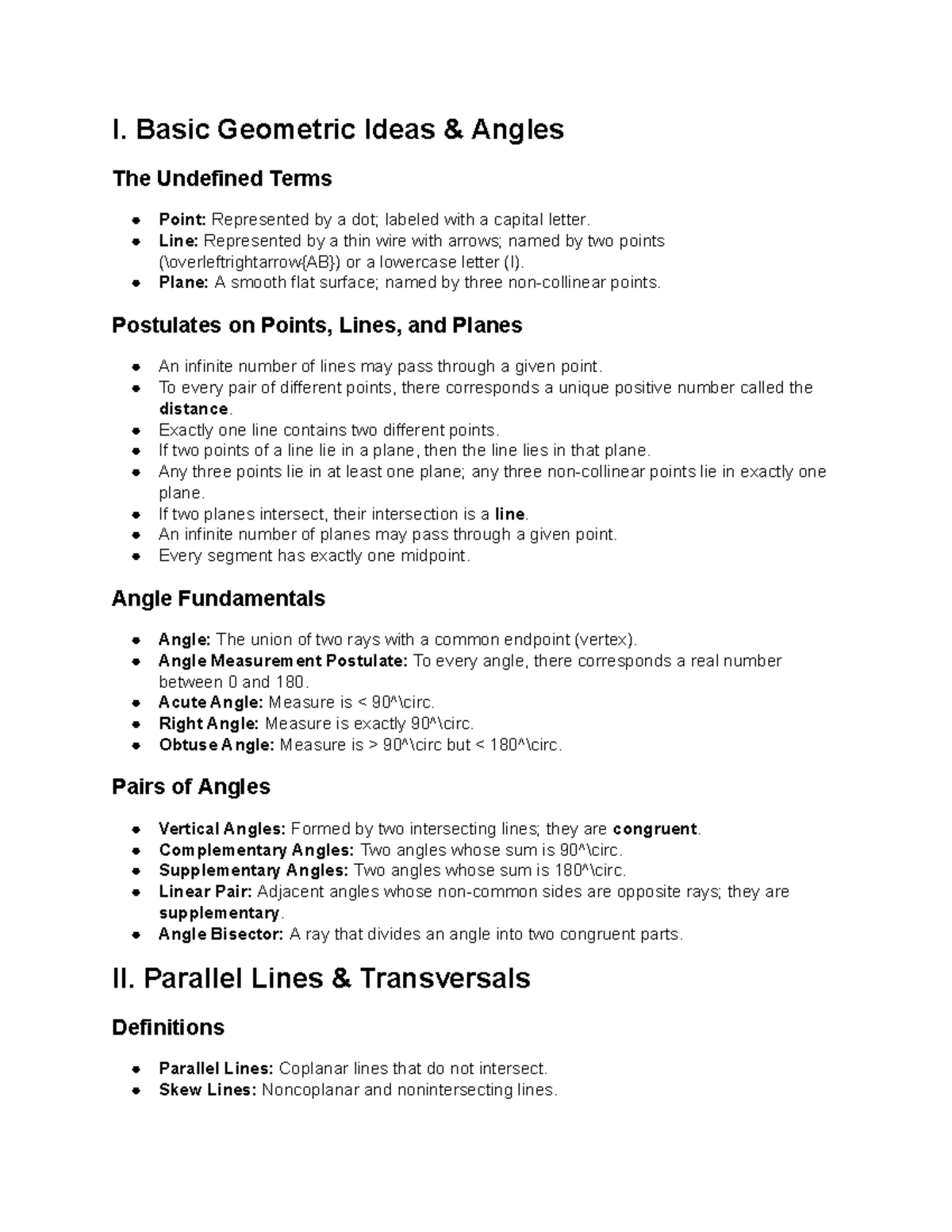 Modern Geometry: Basic Concepts and Theorems (MATH 101) - Studocu