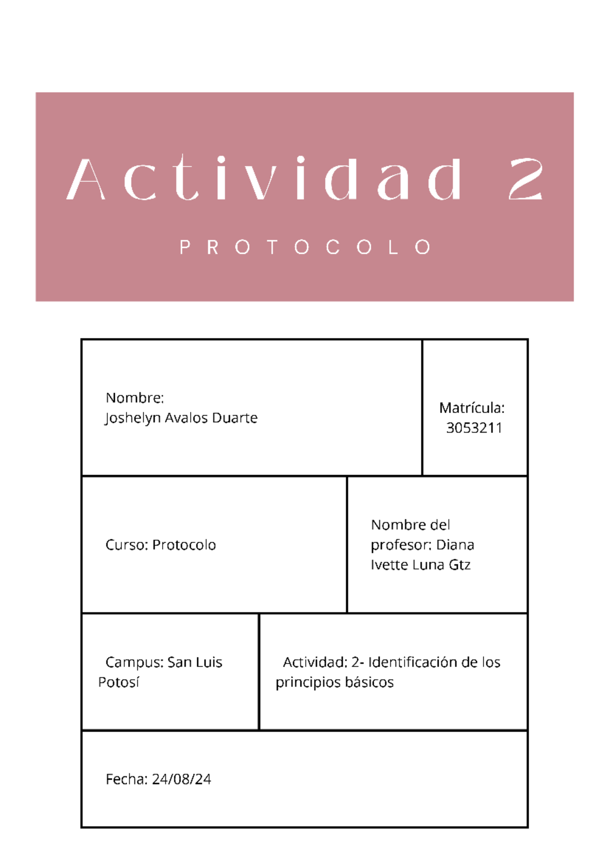 Protocolo 2 - tarea 2 - Actividad 2 PROTOCOLO Nombre: Matrícula: Joshelyn Avalos Duarte 3053211 ...