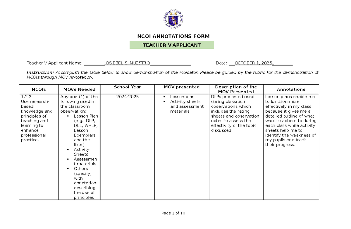 NCOI Annotations Form for Teacher V Applicant Evaluation - Studocu