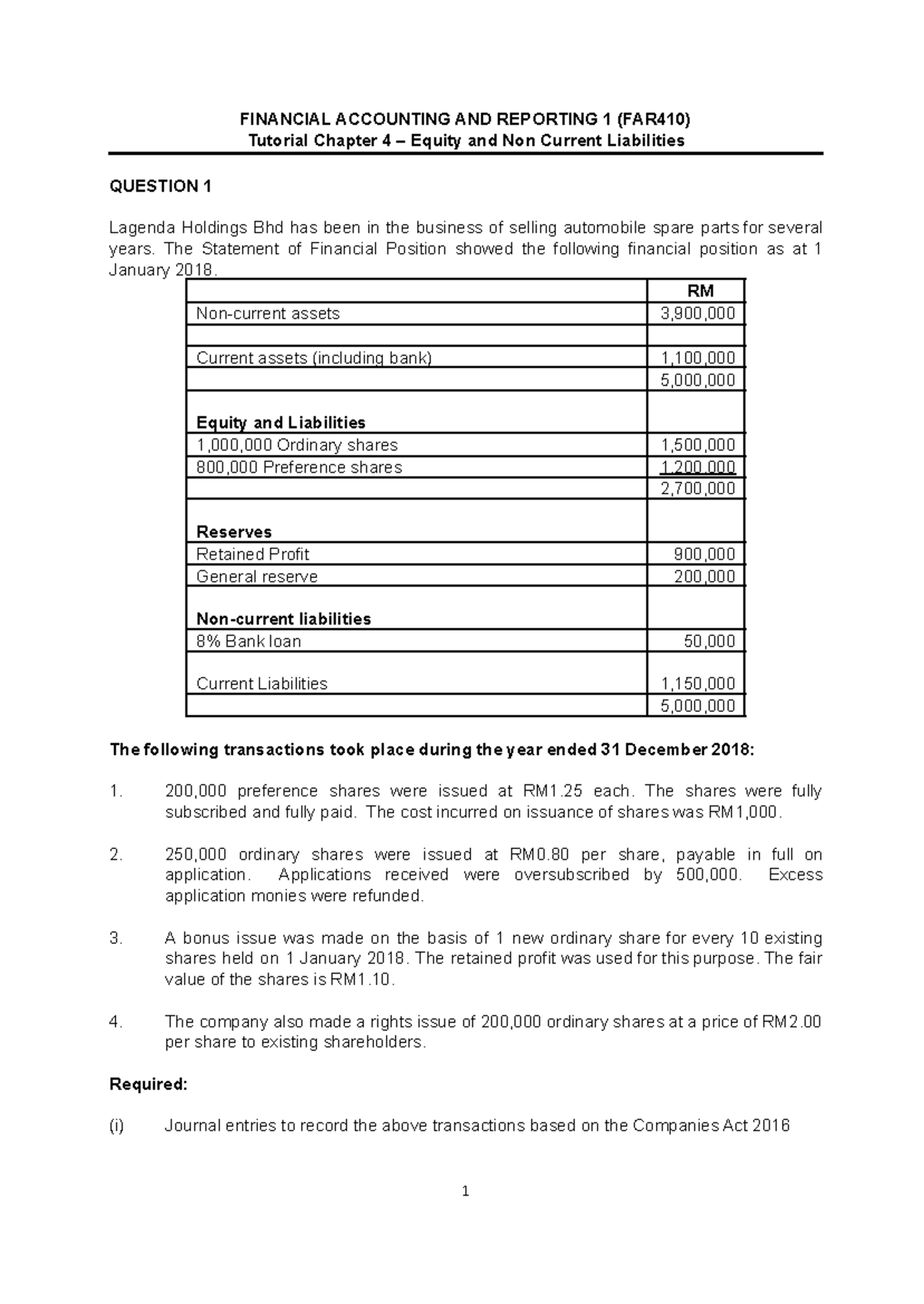 Tutorial Chapter 4: Equity - financial accounting & reporting - UiTM ...