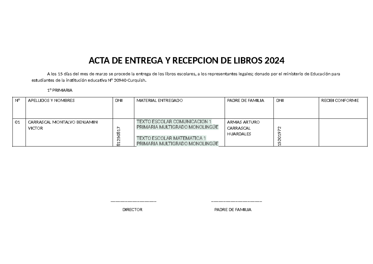 ACTA DE Entrega y Recepción de Libros 2024 - Institución N° 20940 - Studocu