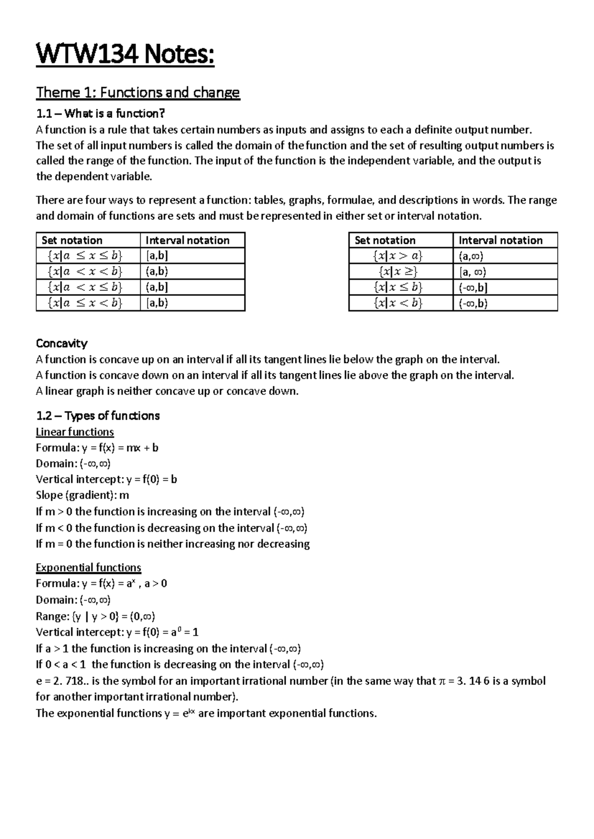 WTW134 Complete Theory notes - WTW 134 Notes: Theme 1 : Functions and ...