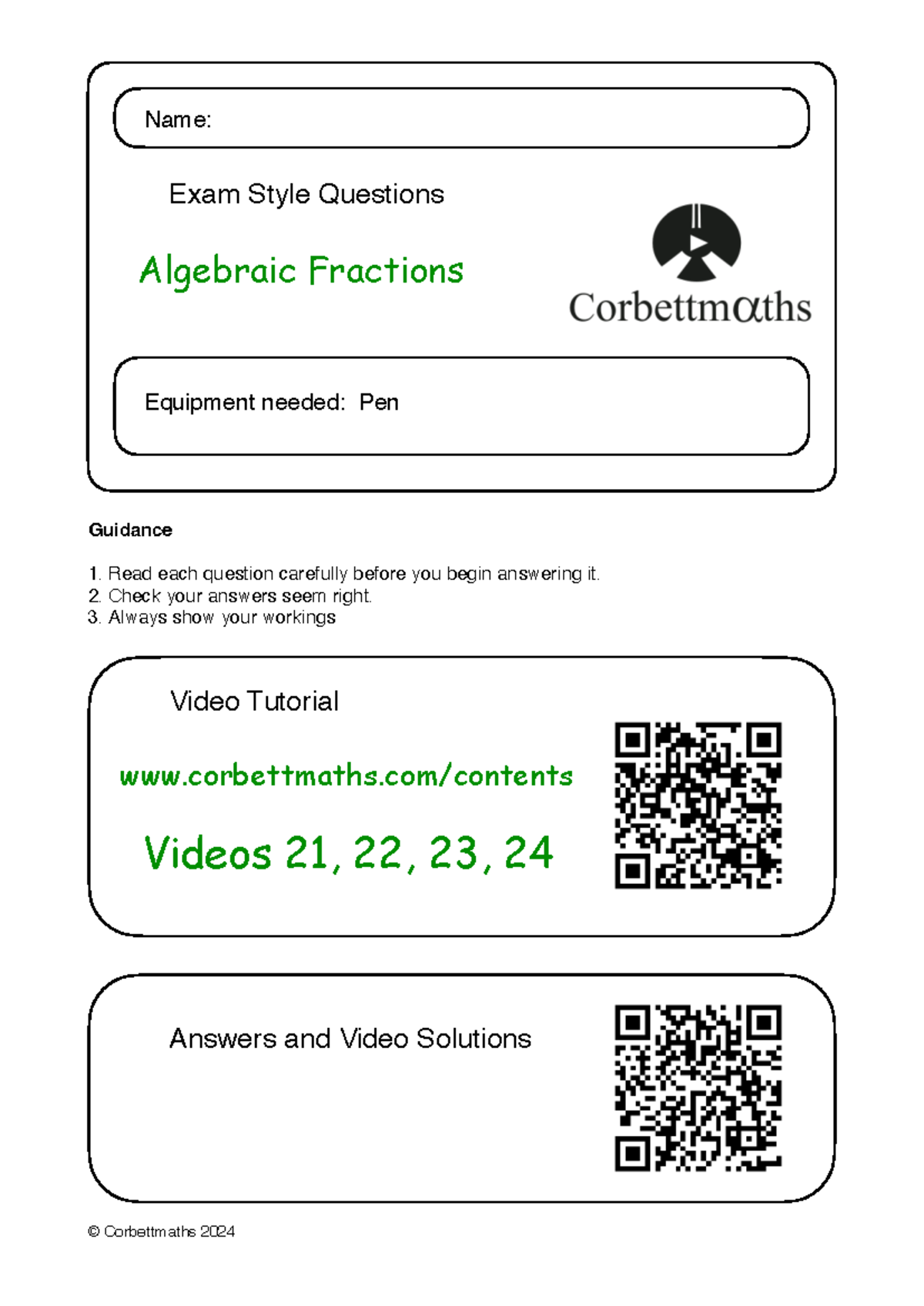 Algebraic Fractions Exam Style Questions - Corbettmaths 2024 - Studocu