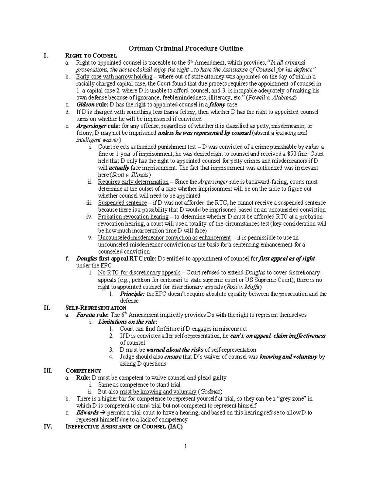 Ortman Crim Pro Adjudication Outline: Right to Counsel & IAC Rules ...