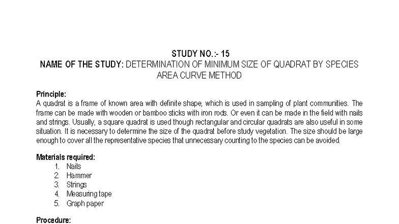 Study 15: Determining Minimum Quadrat Size Using Species Area Curve ...
