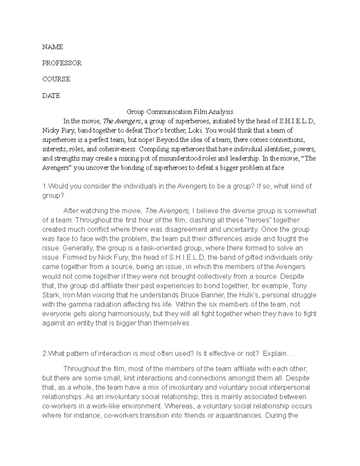 Group Communication Film Analysis - NAME PROFESSOR COURSE DATE Group ...