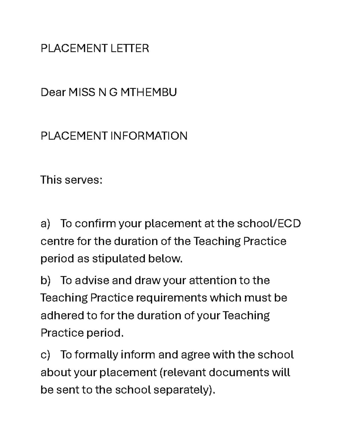 TPS2601 Placement Letter Summary for Teaching Practice Requirements ...