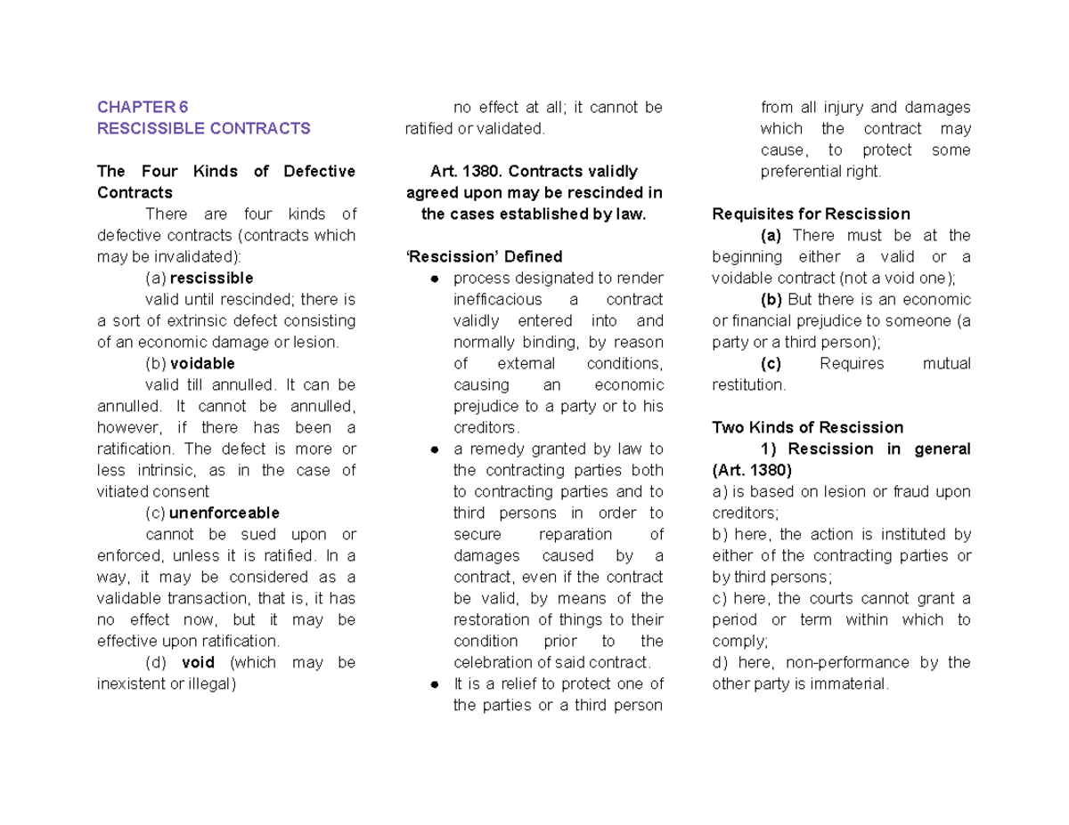 CHAPTER 6-9: Defective Contracts in Oblicon - Rescissible Contracts ...