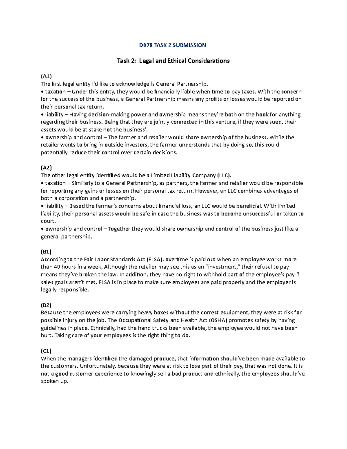 D078 Task 2 - Passed - D078 TASK 2 SUBMISSION Task 2: Legal and Ethical ...