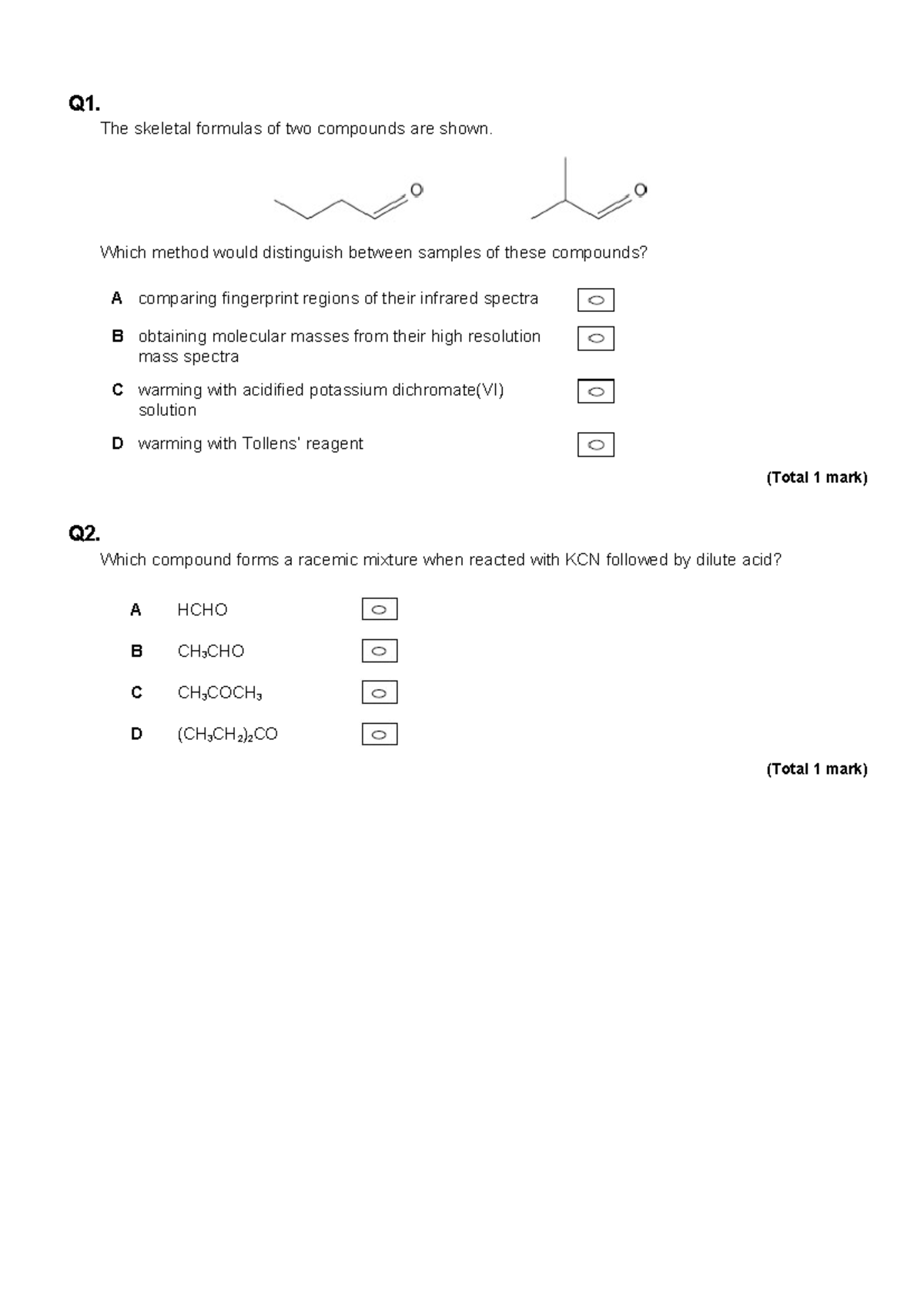 Spr 2025 Mock Paper 2 Preparation - Q1. The skeletal formulas of two ...