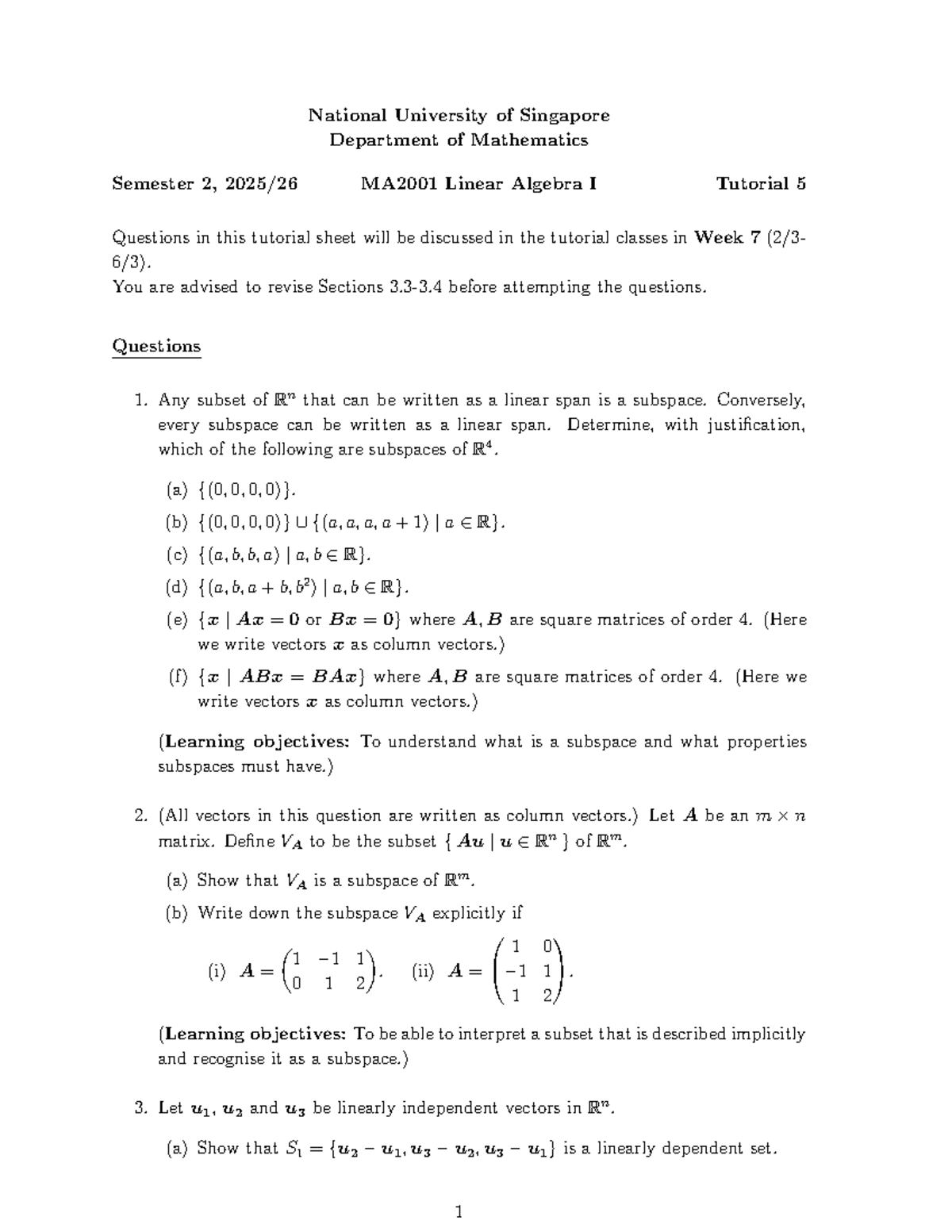 MA2001 Linear Algebra I Tutorial 5: Subspaces in R4 Analysis - Studocu
