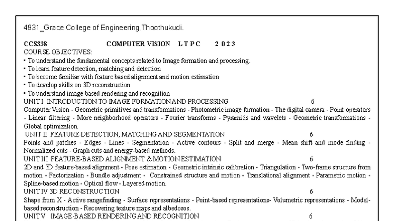 CCS338 Computer Vision Syllabus and Course Overview - Studocu