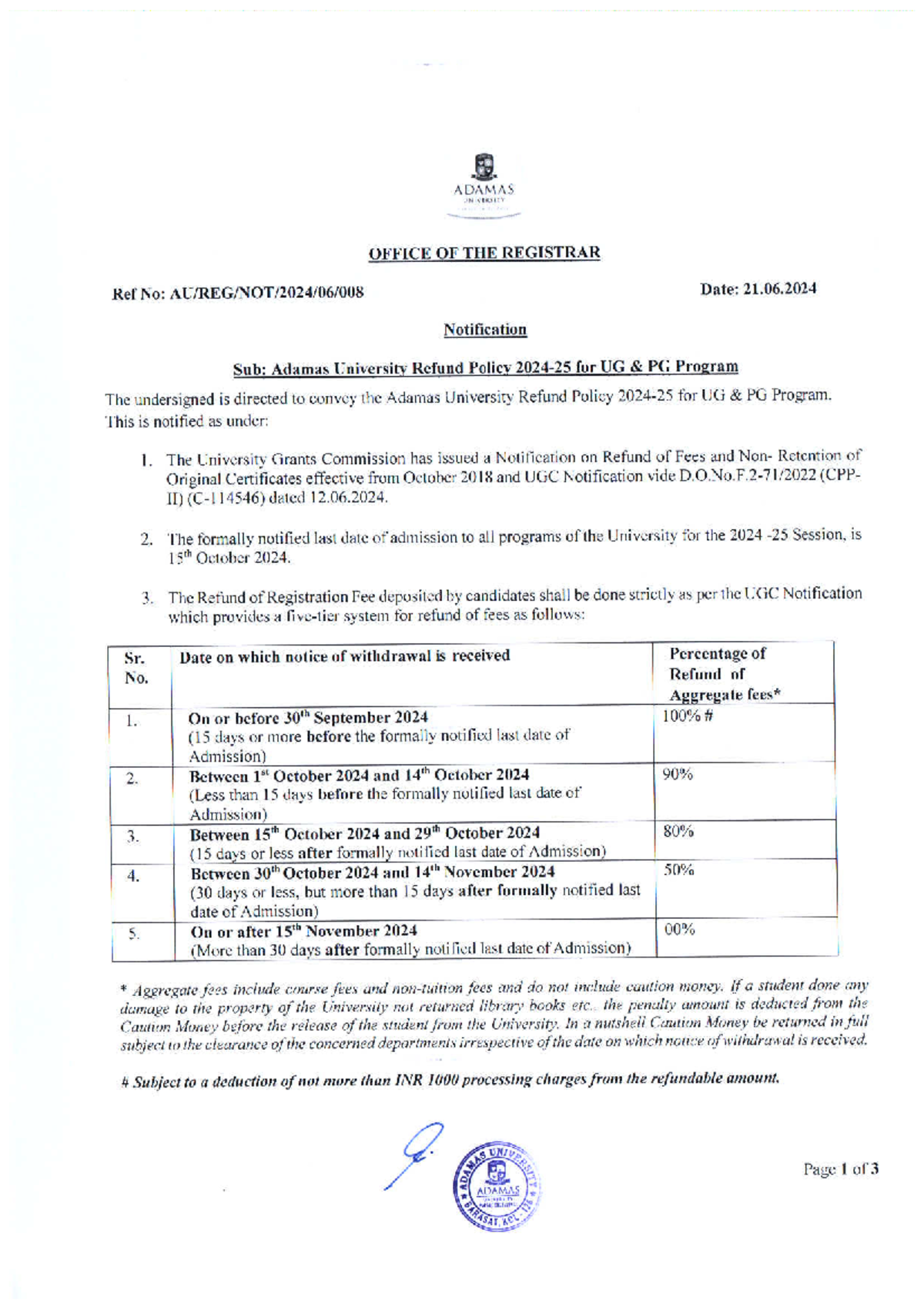 Adamas University Refund Policy 2024-2025 for UG & PG Programs - Studocu