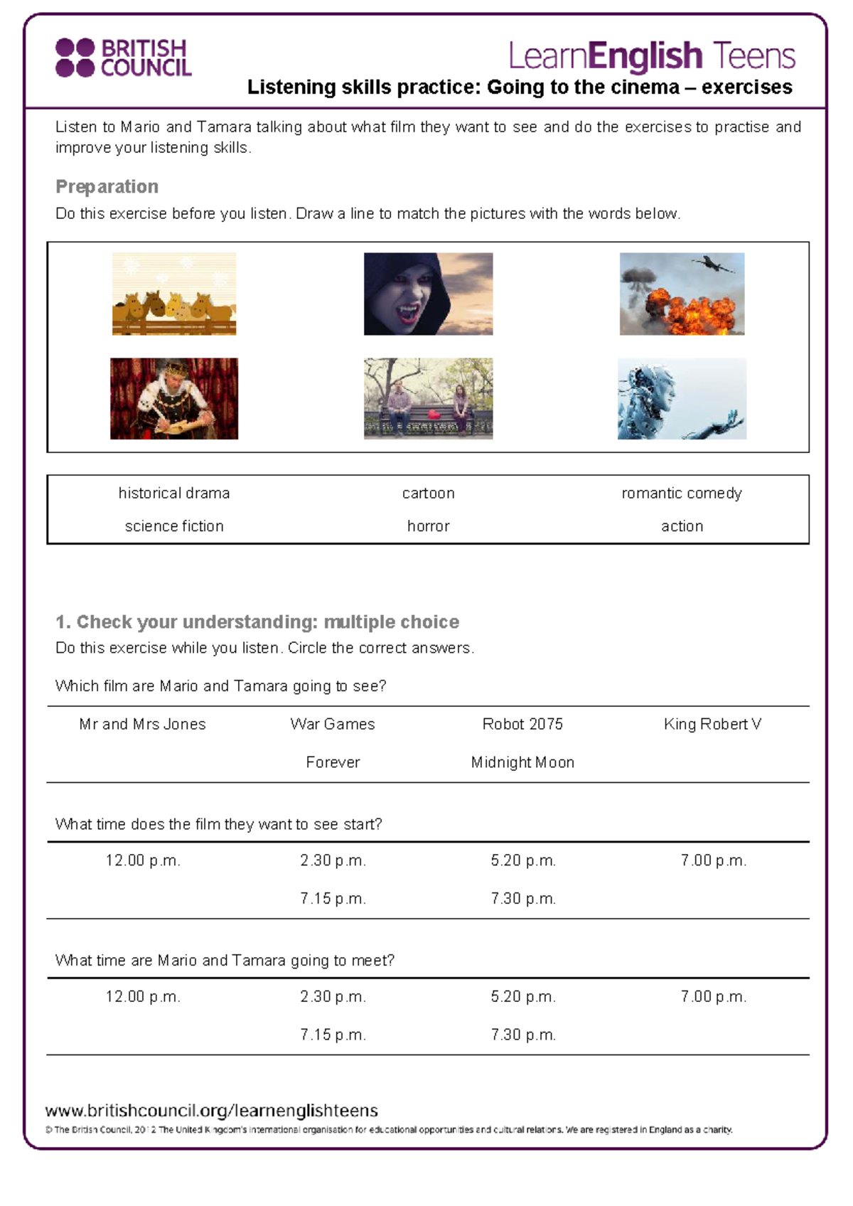 Listening Skills Practice: Going to the Cinema Exercises - Studocu