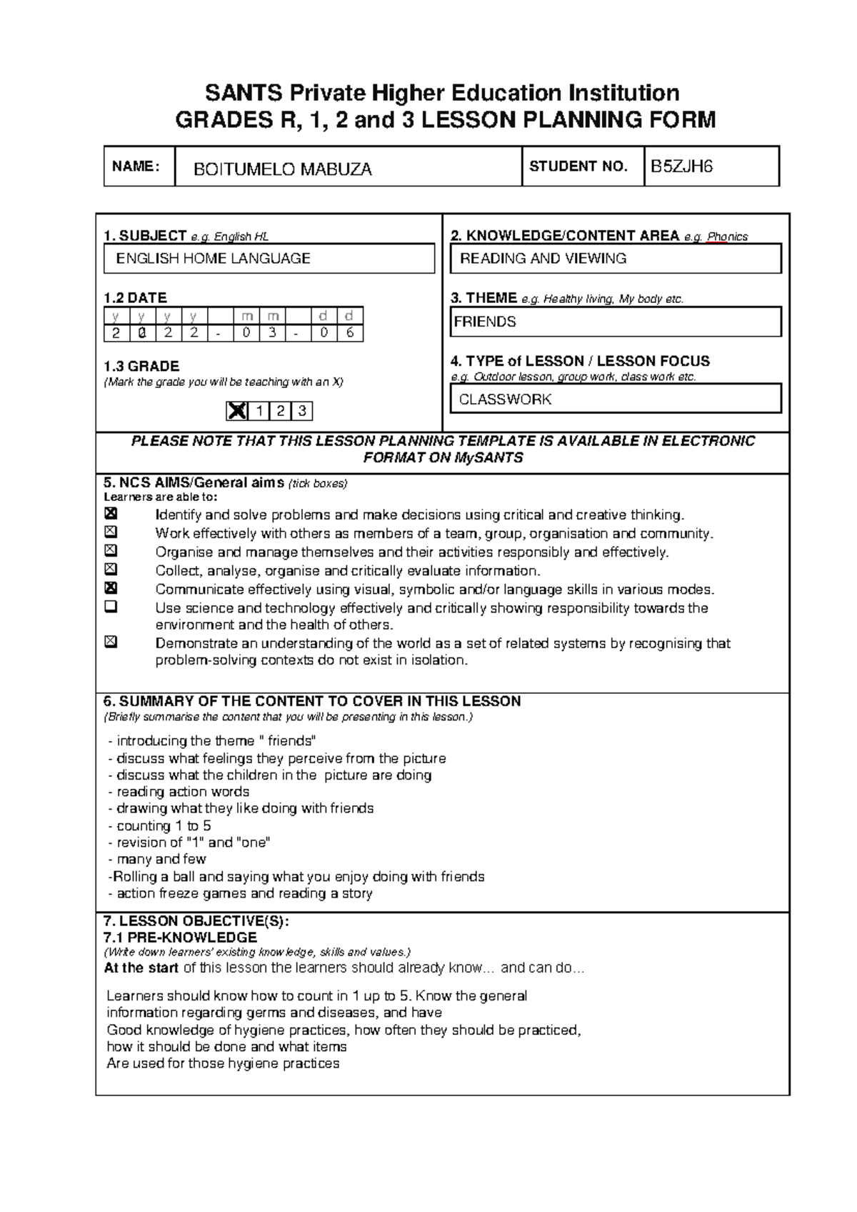 SANTS Lesson Planning Template for Grades R-3 FP 2020 - Studocu
