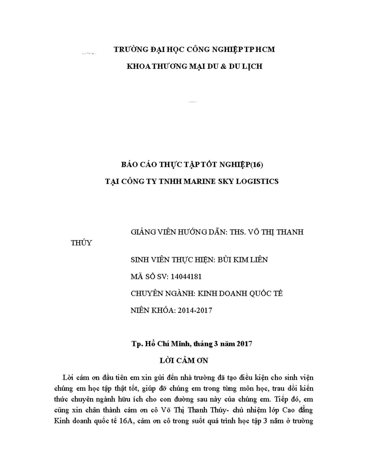 123doc bao cao thuc tap tot nghiep tai - TRƯỜNG ĐẠI HỌC CÔNG NGHIỆP TP HCM KHOA THƯƠNG MẠI DU ...