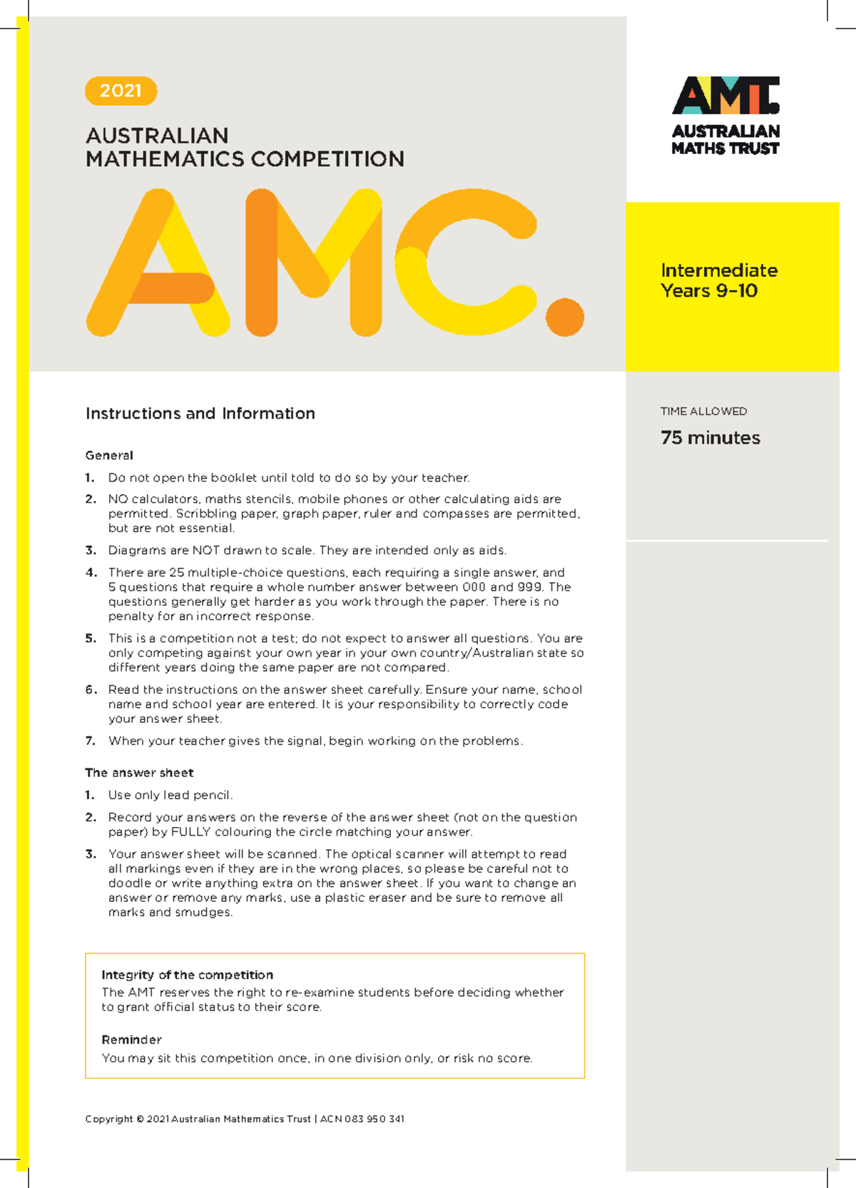2021 AMC Intermediate Mathematics Competition Instructions and ...