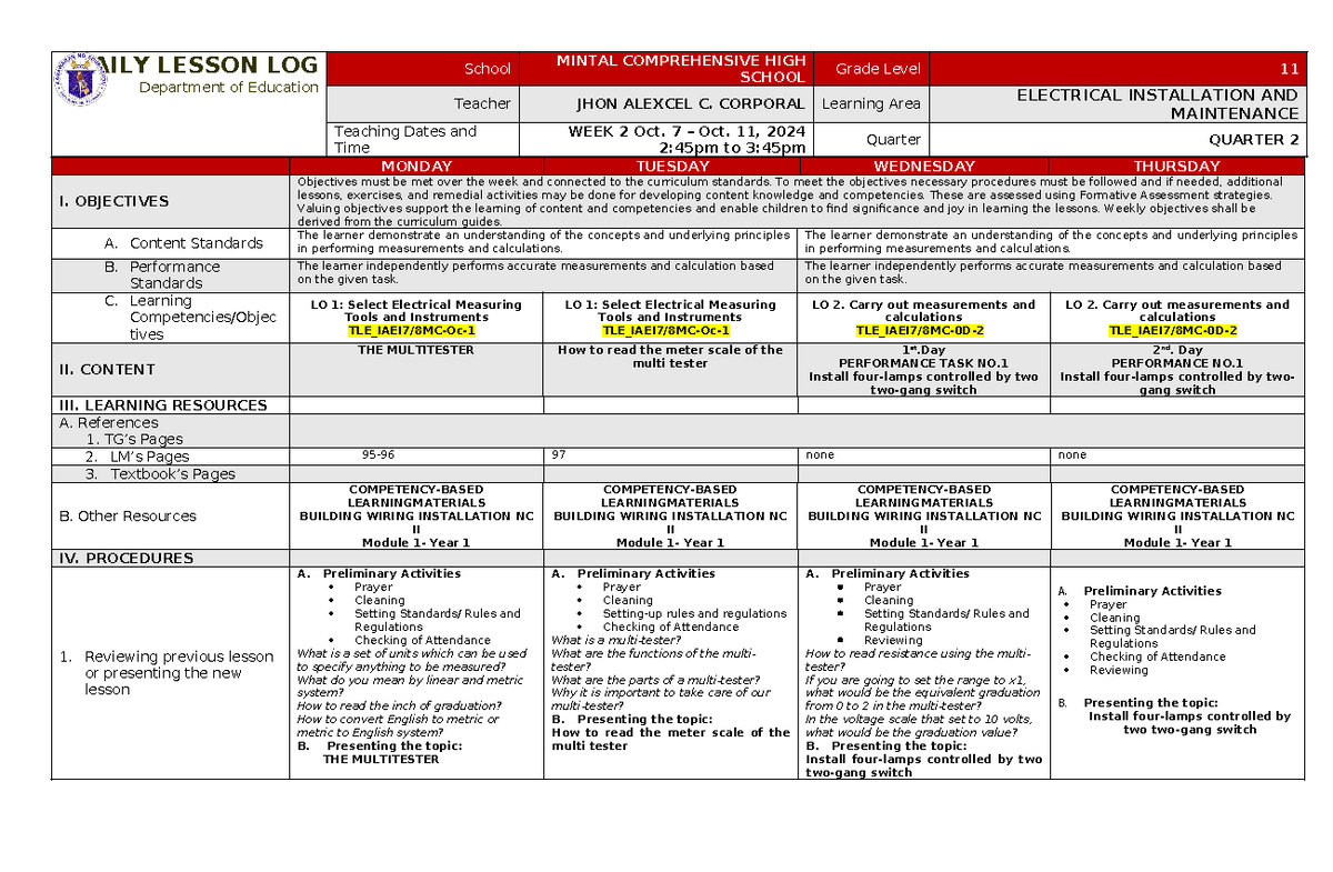 DLL Corporal EIM Week 2 - EIM Instructions - DAILY LESSON LOG ...
