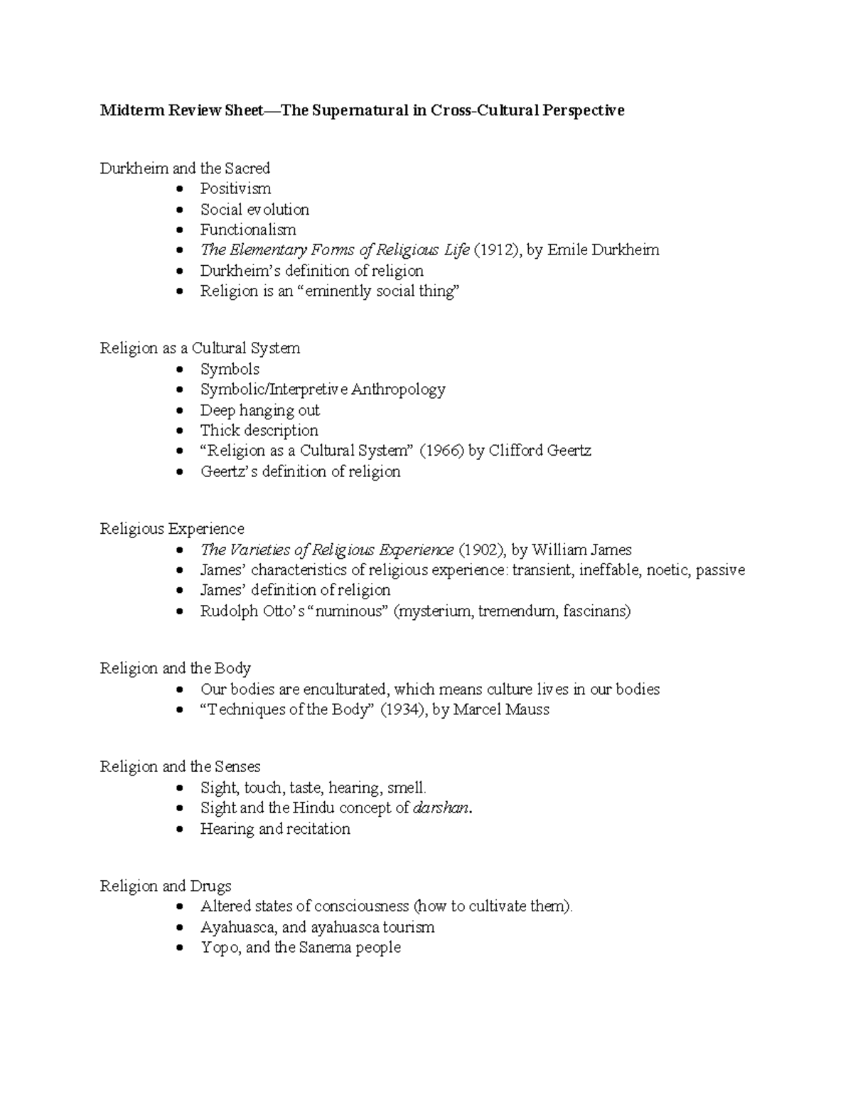 Midterm Review Sheet for REL 101: The Supernatural Across Cultures ...