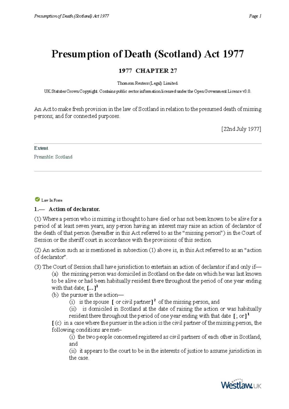 Presumption of Death (Scotland) Act 1977 - Legal Overview and ...