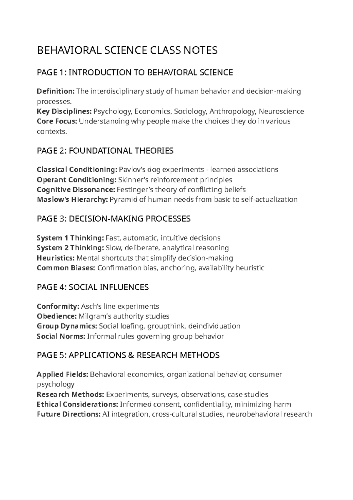 BEH 101: Comprehensive Behavioral Science Class Notes - Studocu