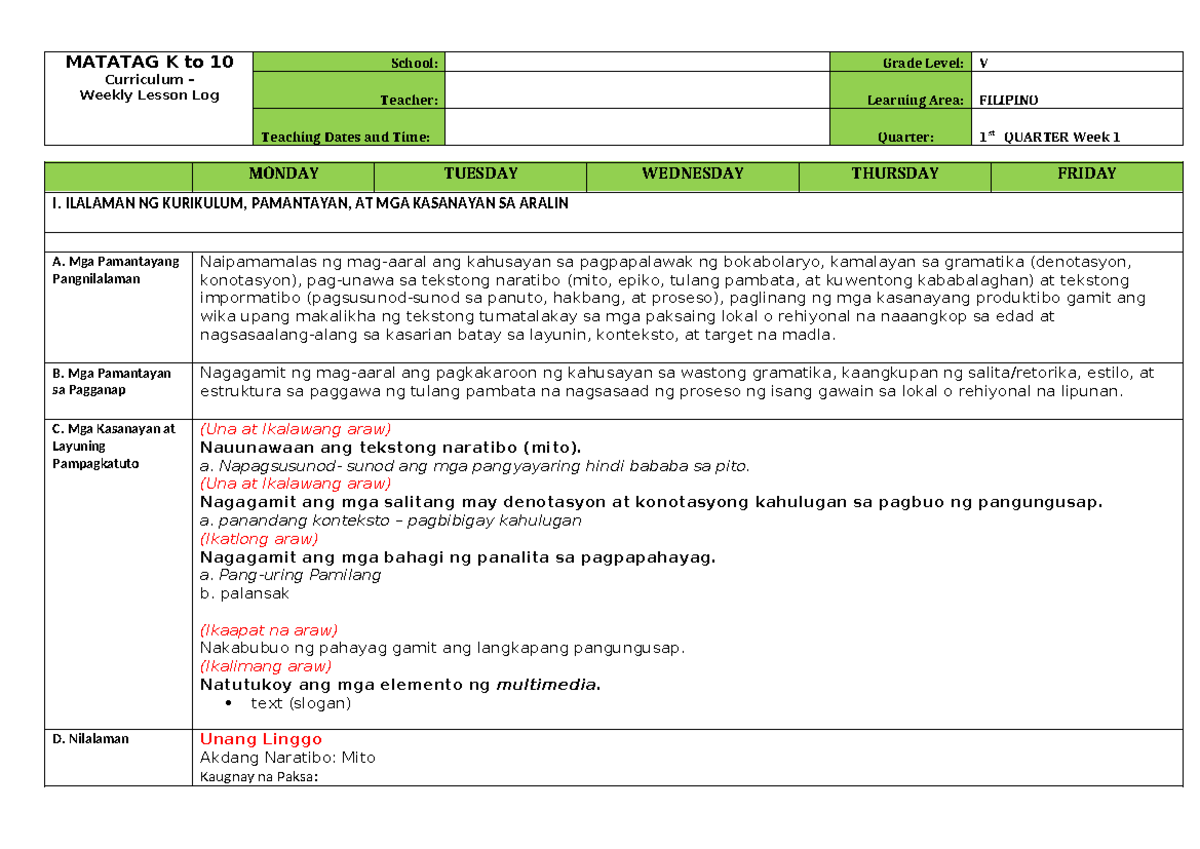 DLL Filipino 5 Q1 W1 - Weekly Lesson Log on Mitolohiya - Studocu