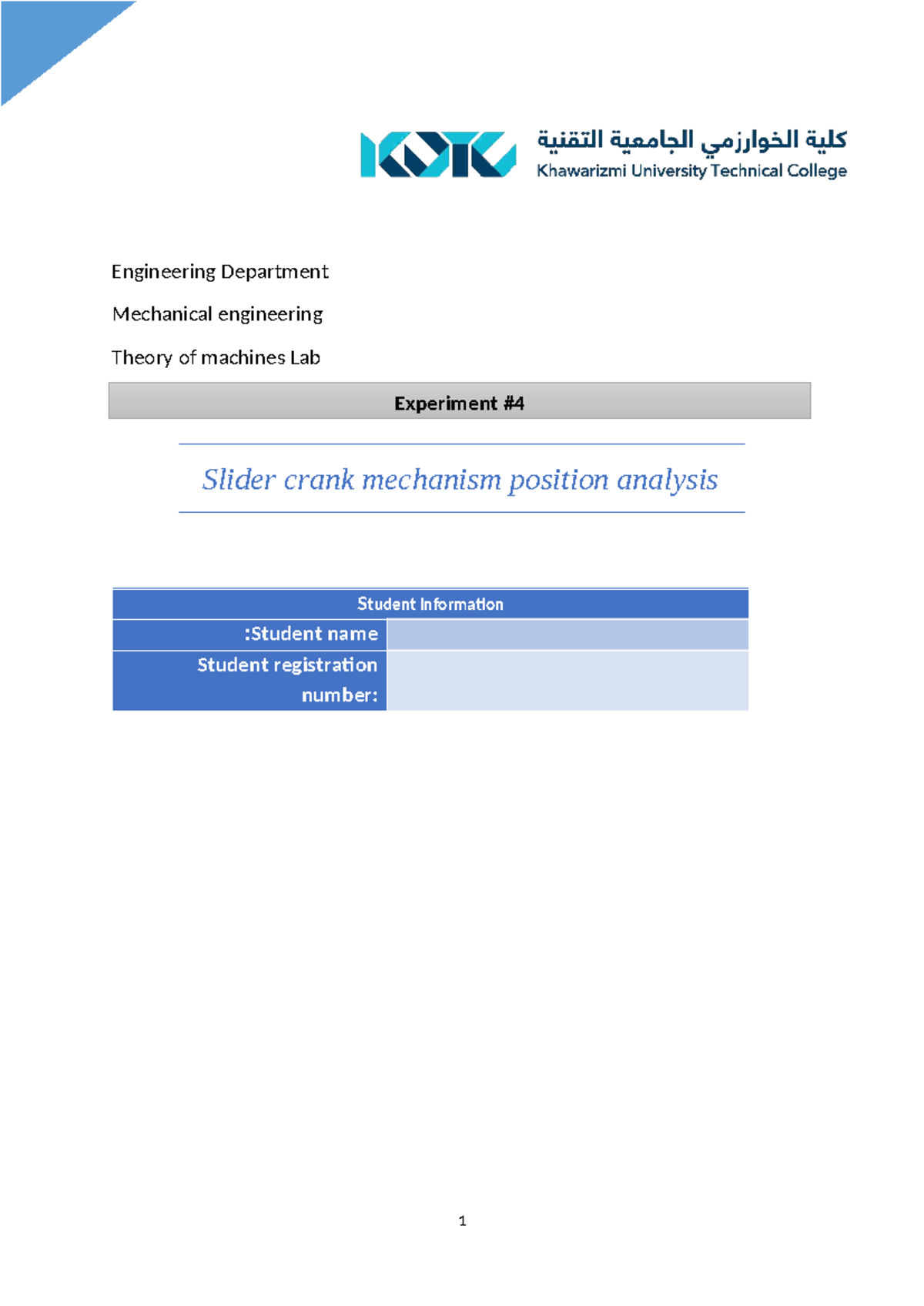 ME 301: Lab Experiment on Slider Crank Mechanism Position Analysis ...